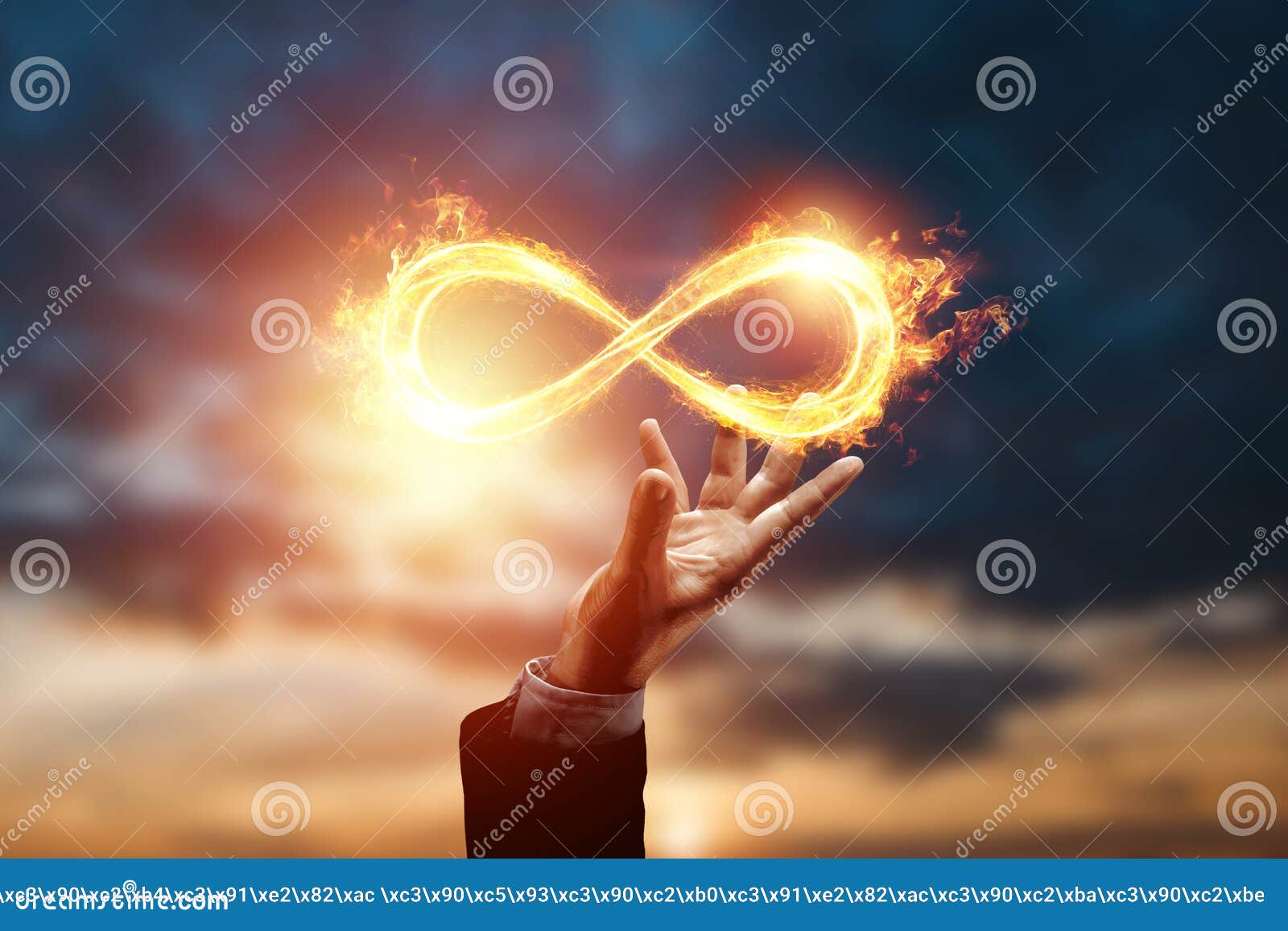 Infinity Fire Sign Over Hand of Businessman on Sunset Background Stock ...
