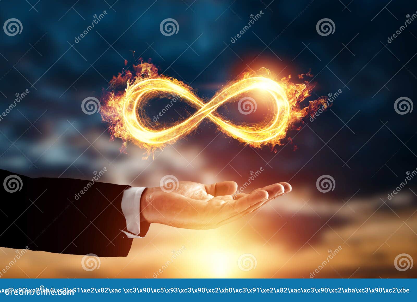 Infinity Fire Sign Over Hand of Businessman on Sunset Background Stock ...