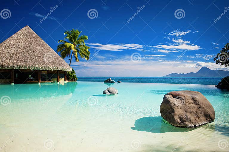 Infinity Pool with Artificial Beach and Ocean Stock Image - Image of ...