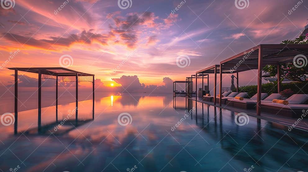 Infinity Pool with Cabanas at Sunset Stock Illustration - Illustration ...