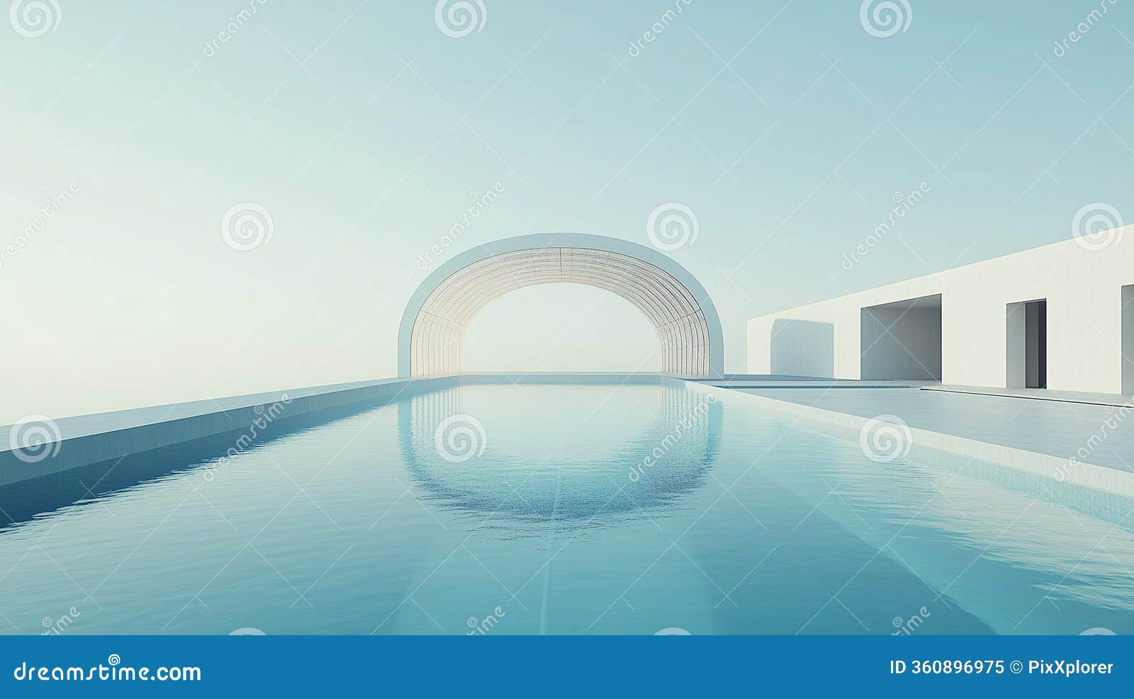 Infinity Pool With Calm, Reflective Water Extends Toward A Circular Arch Structure. The Arch And ...