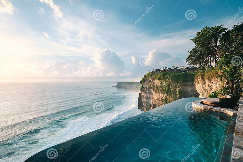 Infinity Pool on a Cliff Overlooking the Ocean, Waves Crashing in the ...