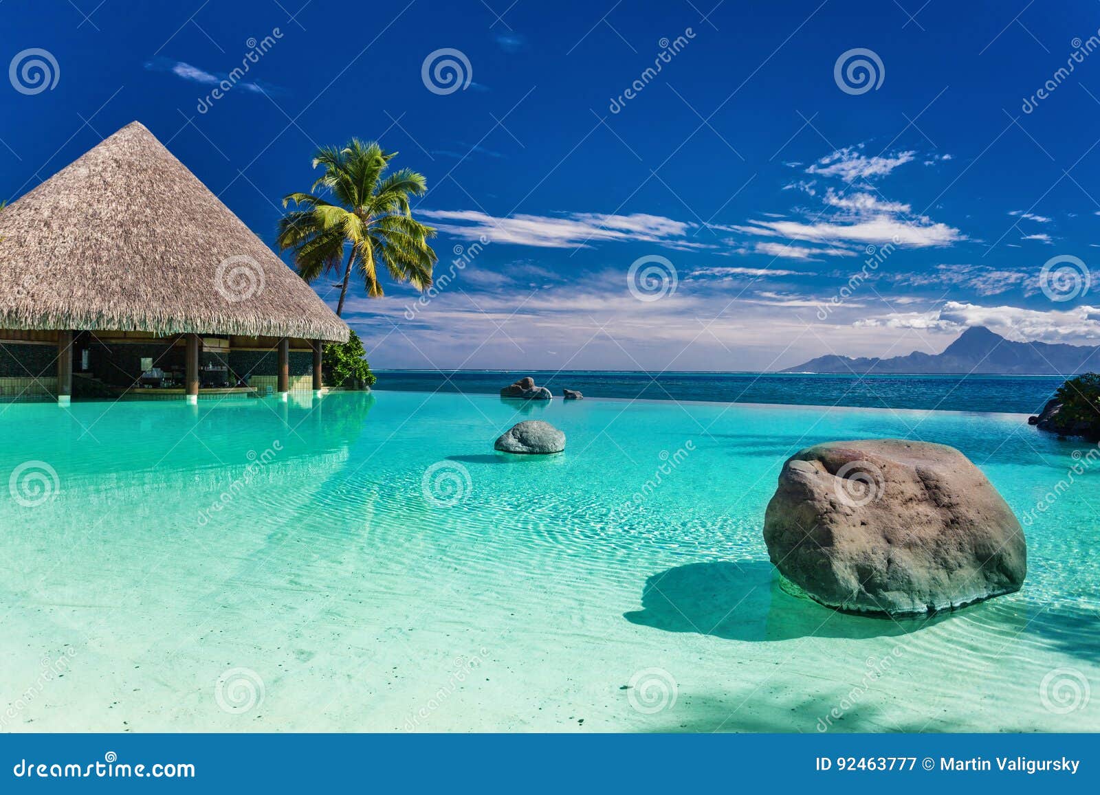 Infinity Pool with Palm Tree Rocks, Tahiti, French Polynesia Stock ...