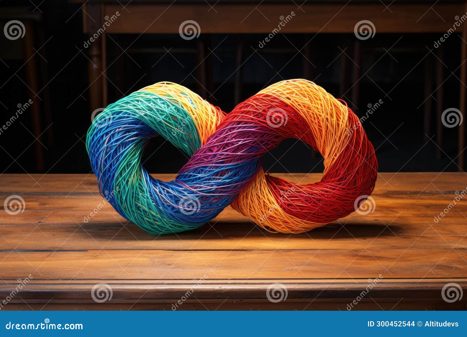 An Infinity Sign Made of Intertwined Colorful Threads on a Wooden Table ...