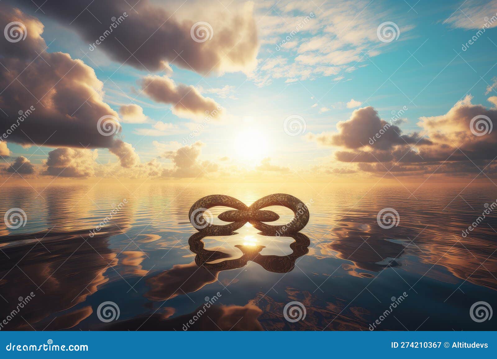 Infinity Sign, with Sun and Clouds Behind it, on a Tranquil Ocean Stock ...