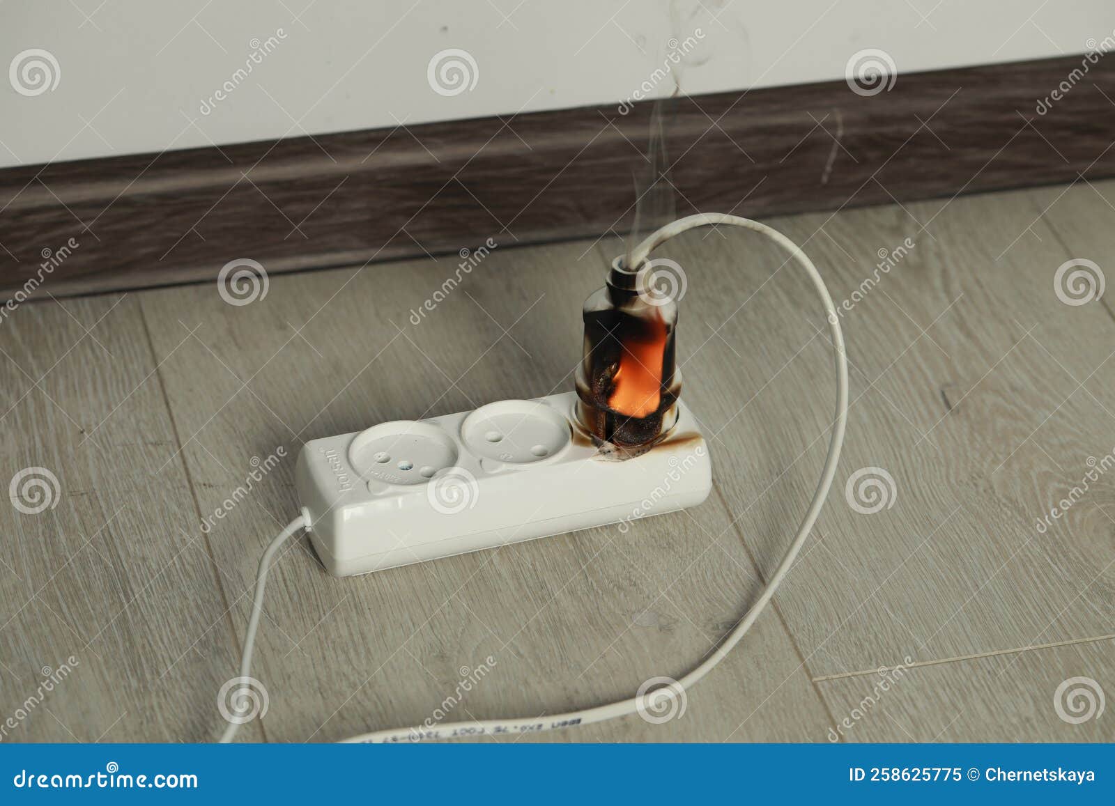 Inflamed Plug in Power Strip Indoors. Electrical Short Circuit Stock ...