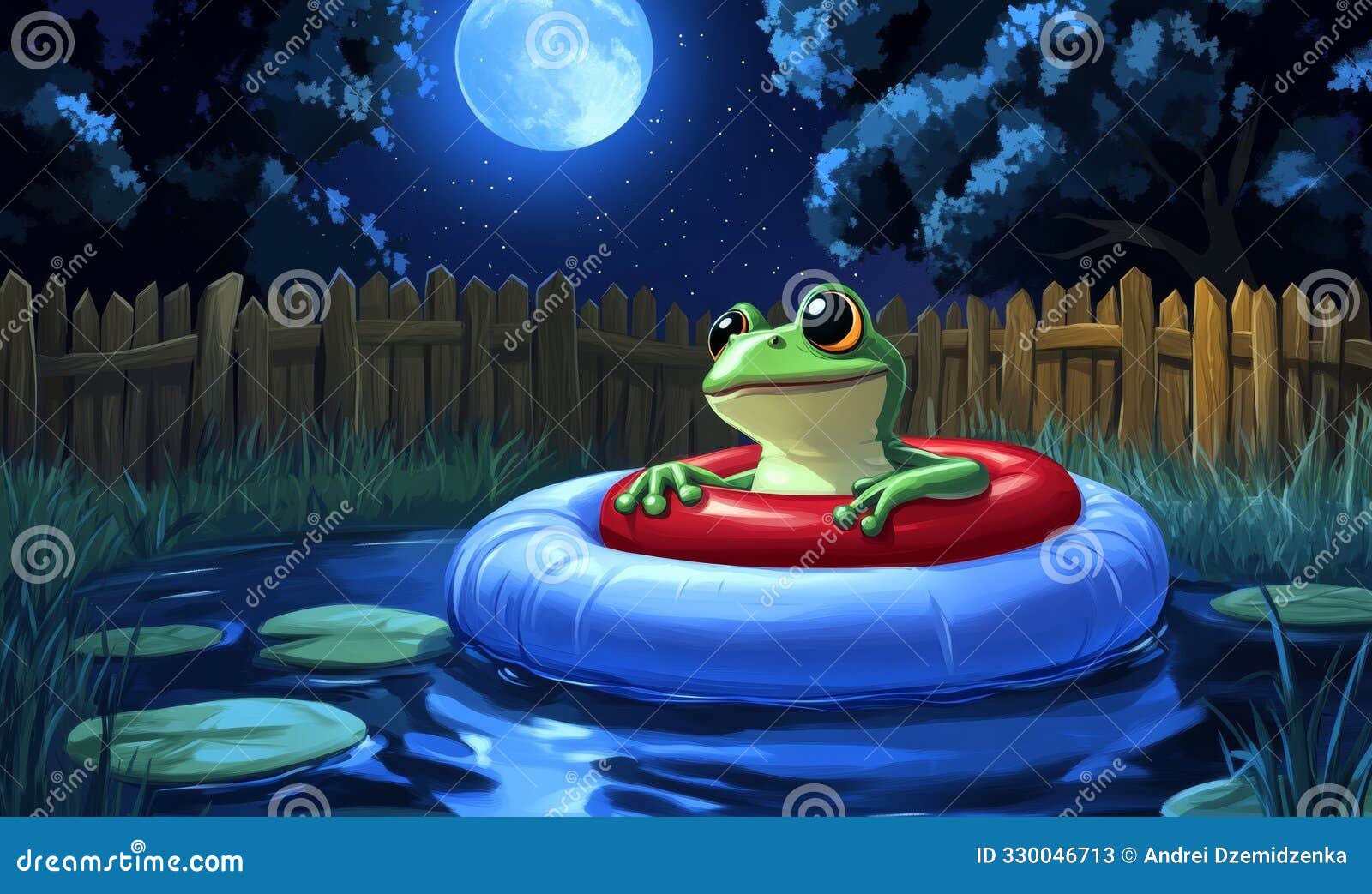 An Inflatable Circle in the River at Night with a Frog Cartoon on it ...