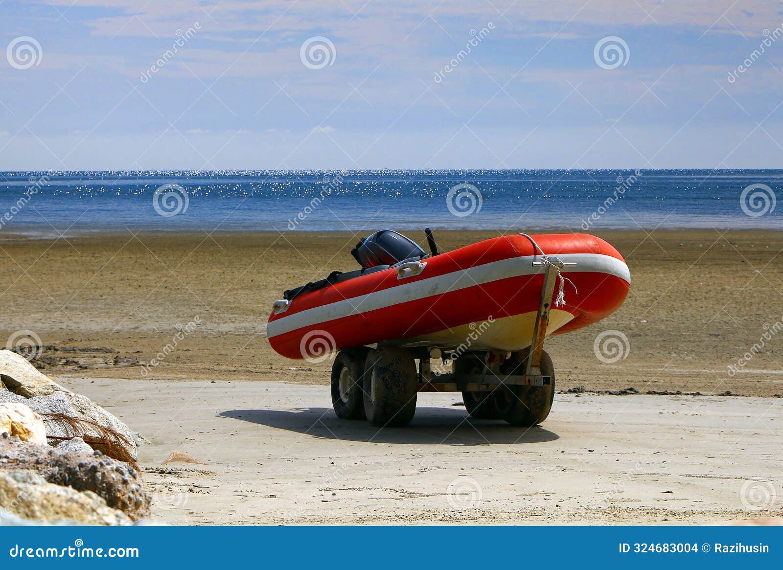 Inflatable Rescue Boat. Gray Inflatable Boat On The Beach In The ...