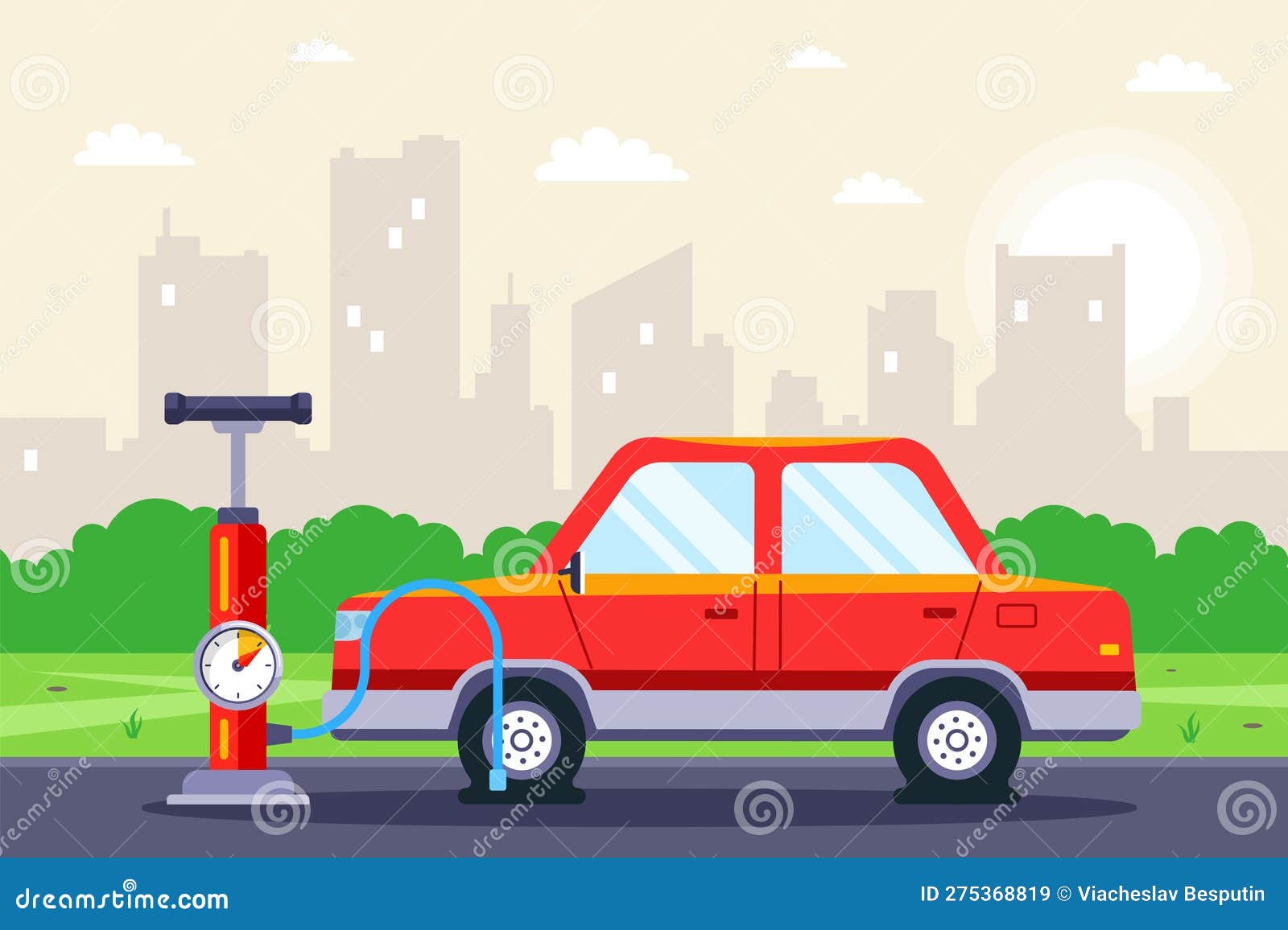 Inflate the Wheel of the Car with a Pump on the Track. Stock Vector ...