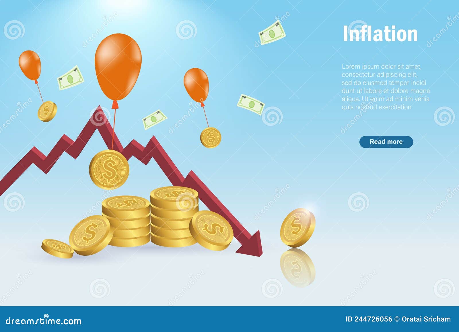 Inflation, Deflation, Money Lost Concept. Decrease Graph with Flying ...