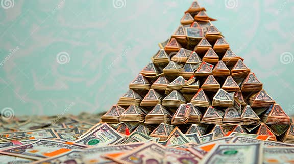 Pyramid of Stacked Dollar Bills on Scattered Cash Background Stock ...