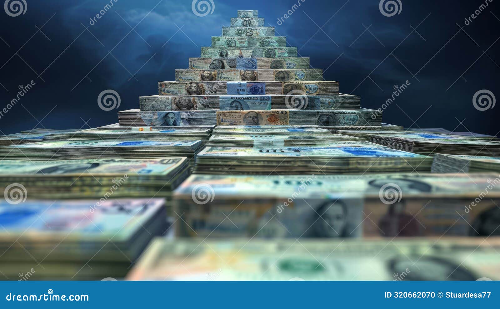 Pyramid of Various International Currencies in Dramatic Lighting Stock ...