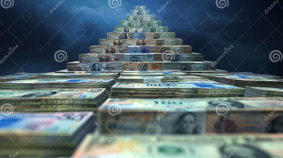 Pyramid of Various International Currencies in Dramatic Lighting Stock ...