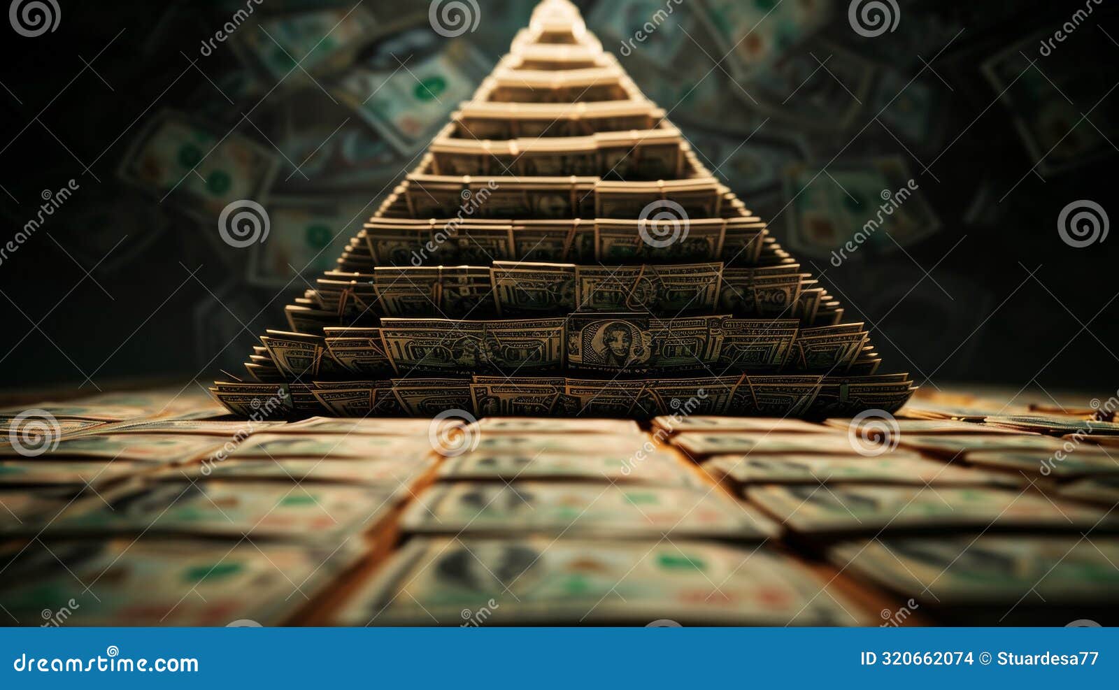 Pyramid of Dollar Bills on a Scattered Money Backdrop Stock Photo ...