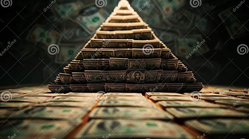 Pyramid of Dollar Bills on a Scattered Money Backdrop Stock Photo ...