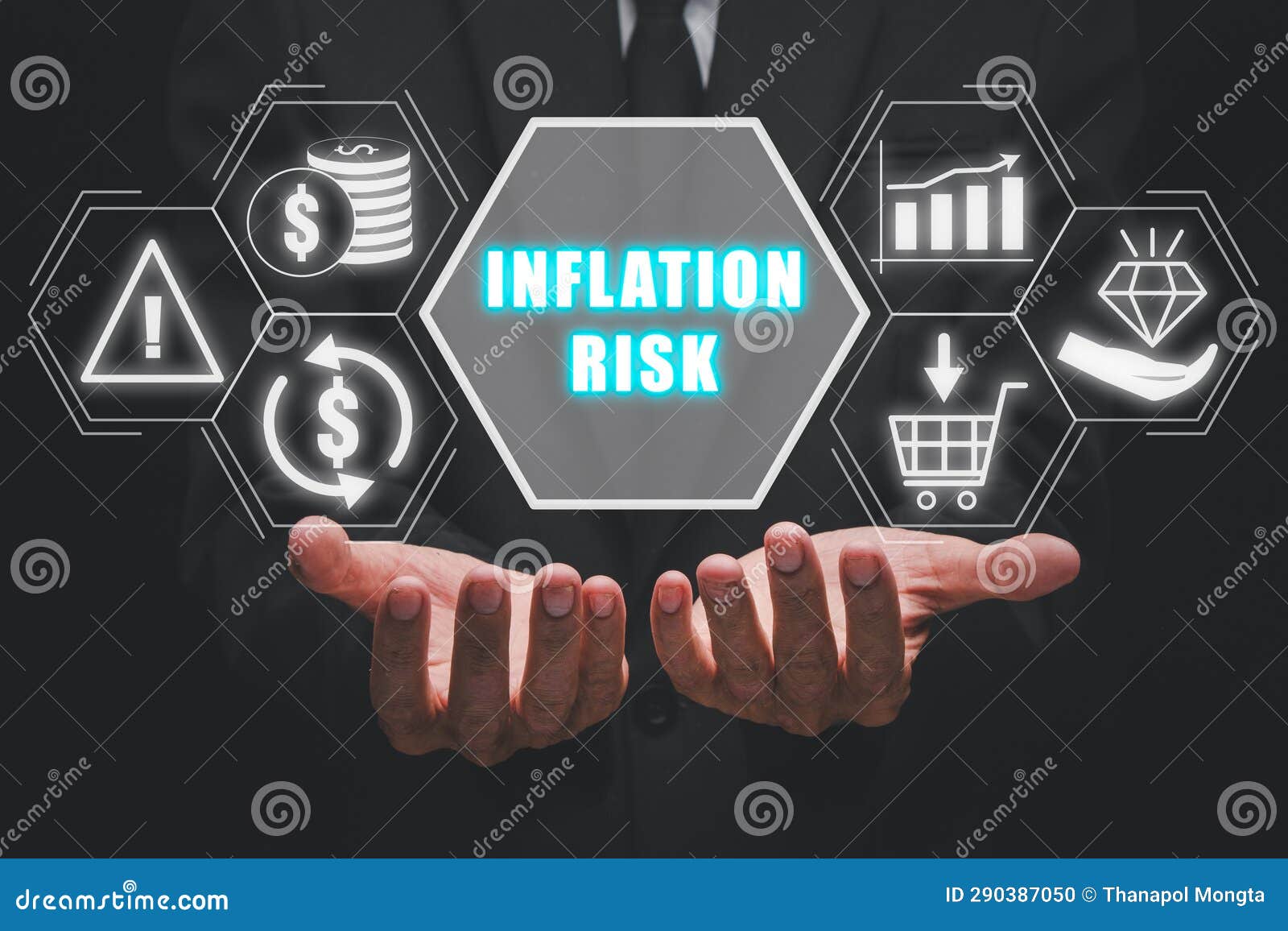 Businessman Hand Holding Inflation Risk Icon on Virtual Screen Stock ...