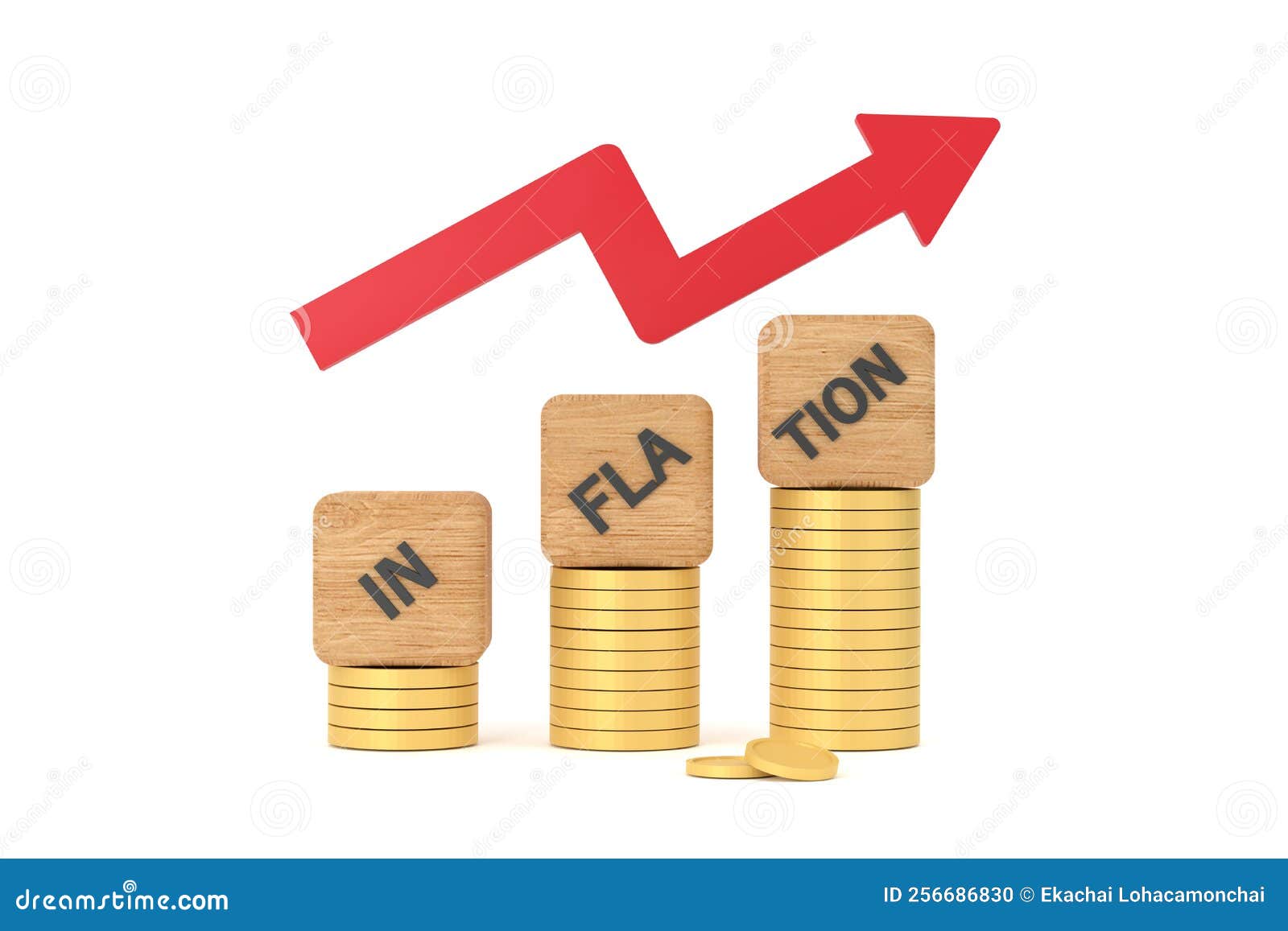 INFLATION Word on a Wooden Cube on Coins in Idea, World Economics, and ...