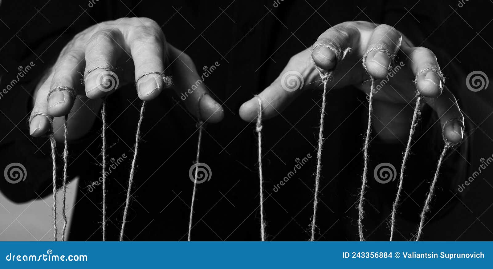 Influence and Manipulation Concept. Man Hands with Strings on Fingers ...