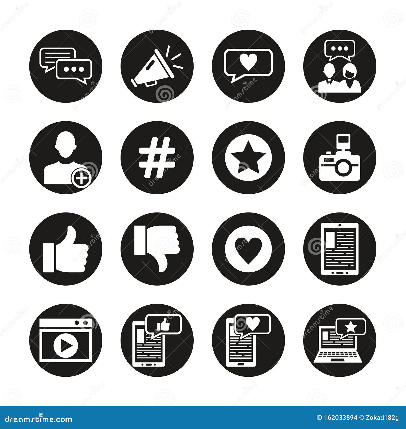 Influencer Icons White on Black Circle Set Stock Vector - Illustration ...