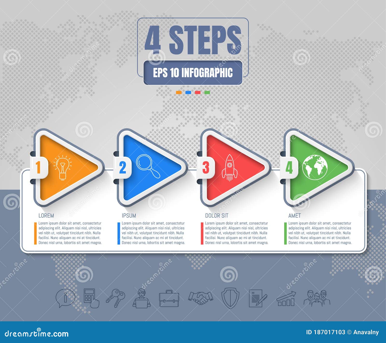 Four Options or Steps Infographic on Dotted World Map Abstract ...