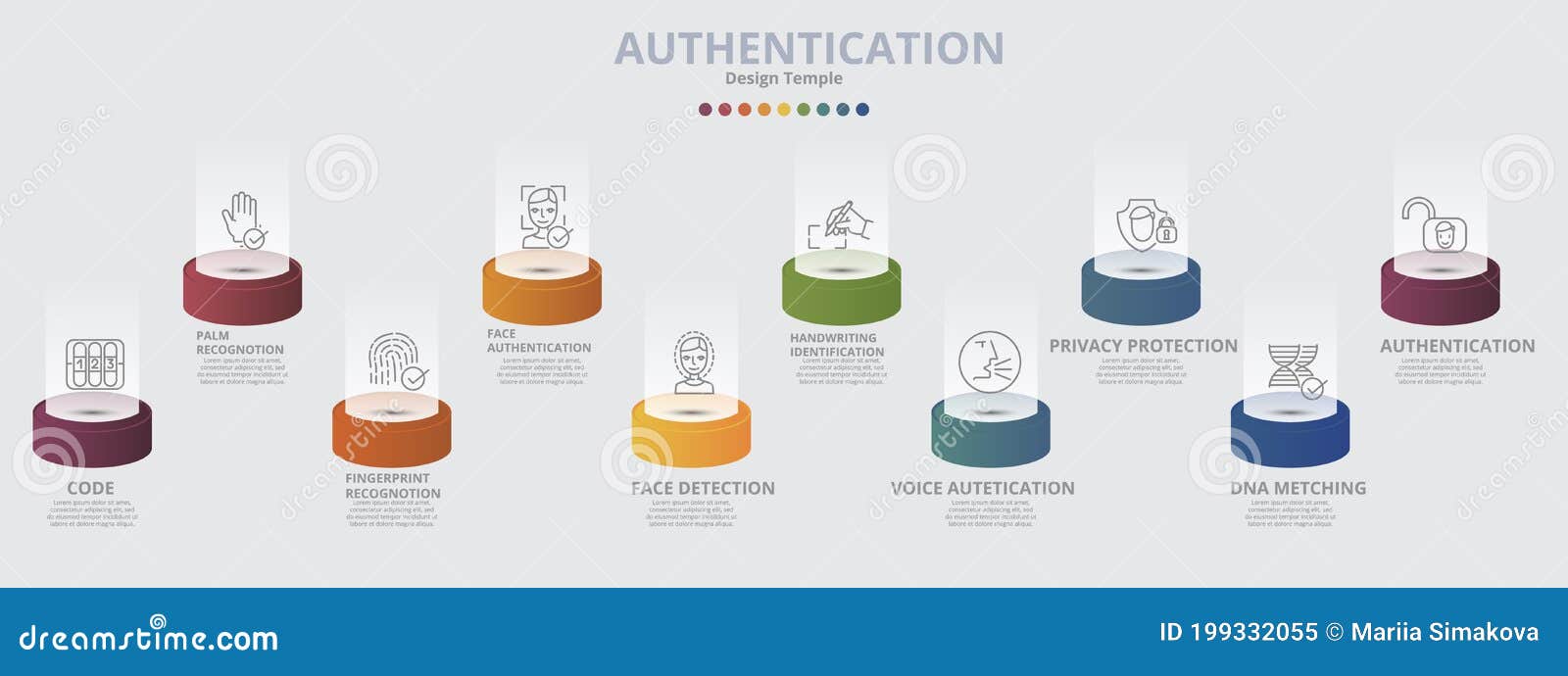Infographic Authentication Template Icons In Different Colors Include Code Palm Recognotion