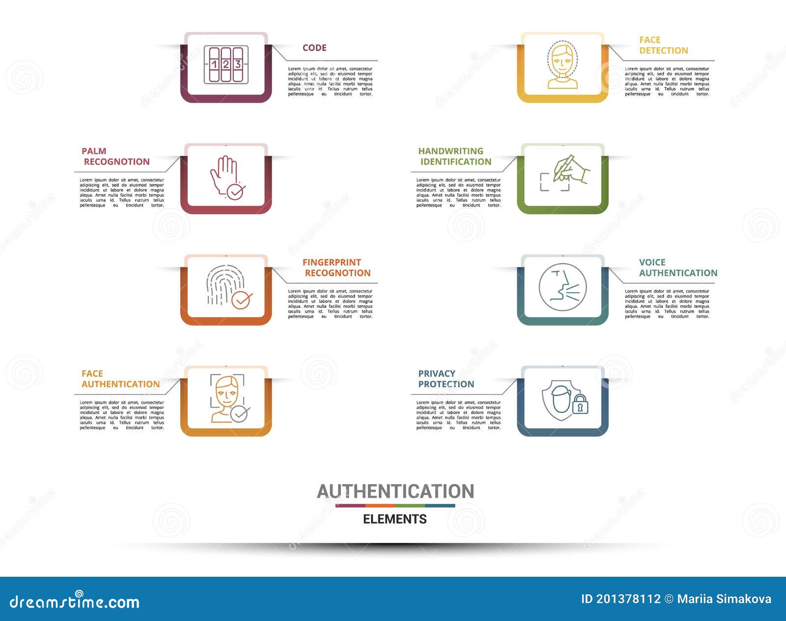Infographic Authentication Template Icons In Different Colors Include Code Palm Recognotion