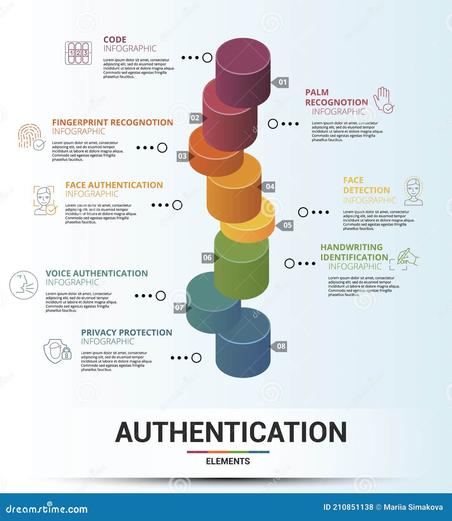 Infographic Authentication Template Icons In Different Colors Include Code Palm Recognotion