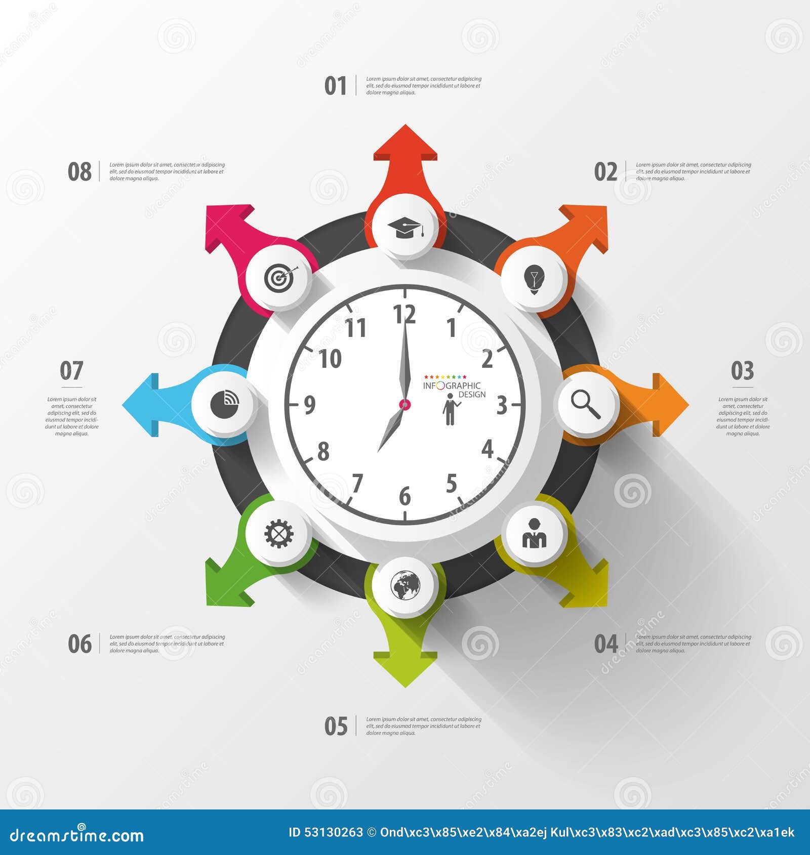 Infographic. Business Clock. Colorful Circle with Icons Stock Vector ...