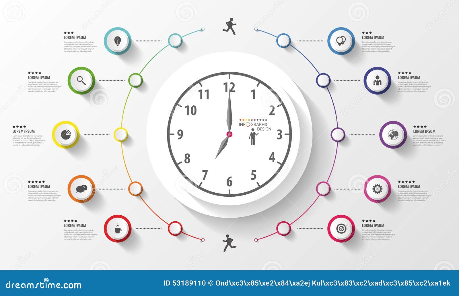 Infographic. Business Clock. Colorful Circle with Icons Stock Vector ...