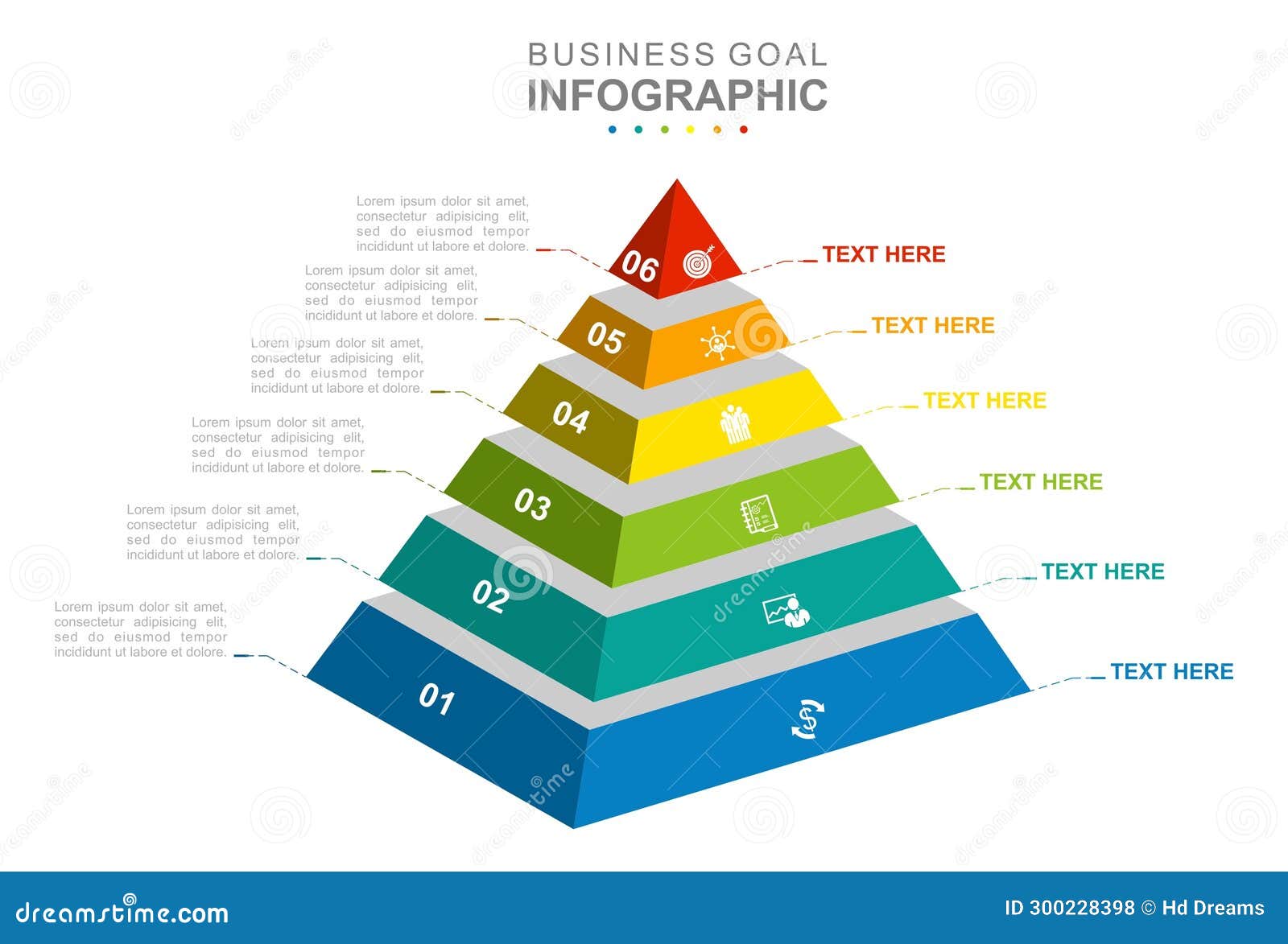 6 Steps Mindmap Pyramid Diagram with Icon Topics. Concept Presentation ...