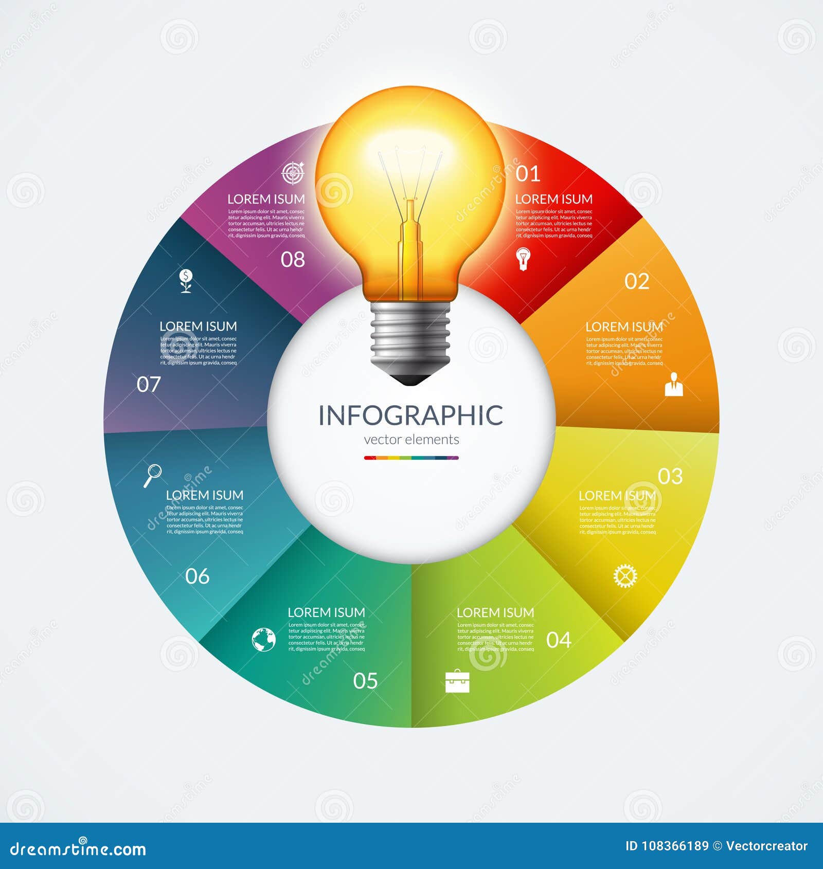 Infographic Circle with Glowing Lightbulb. Creative Idea Concept with 8 ...