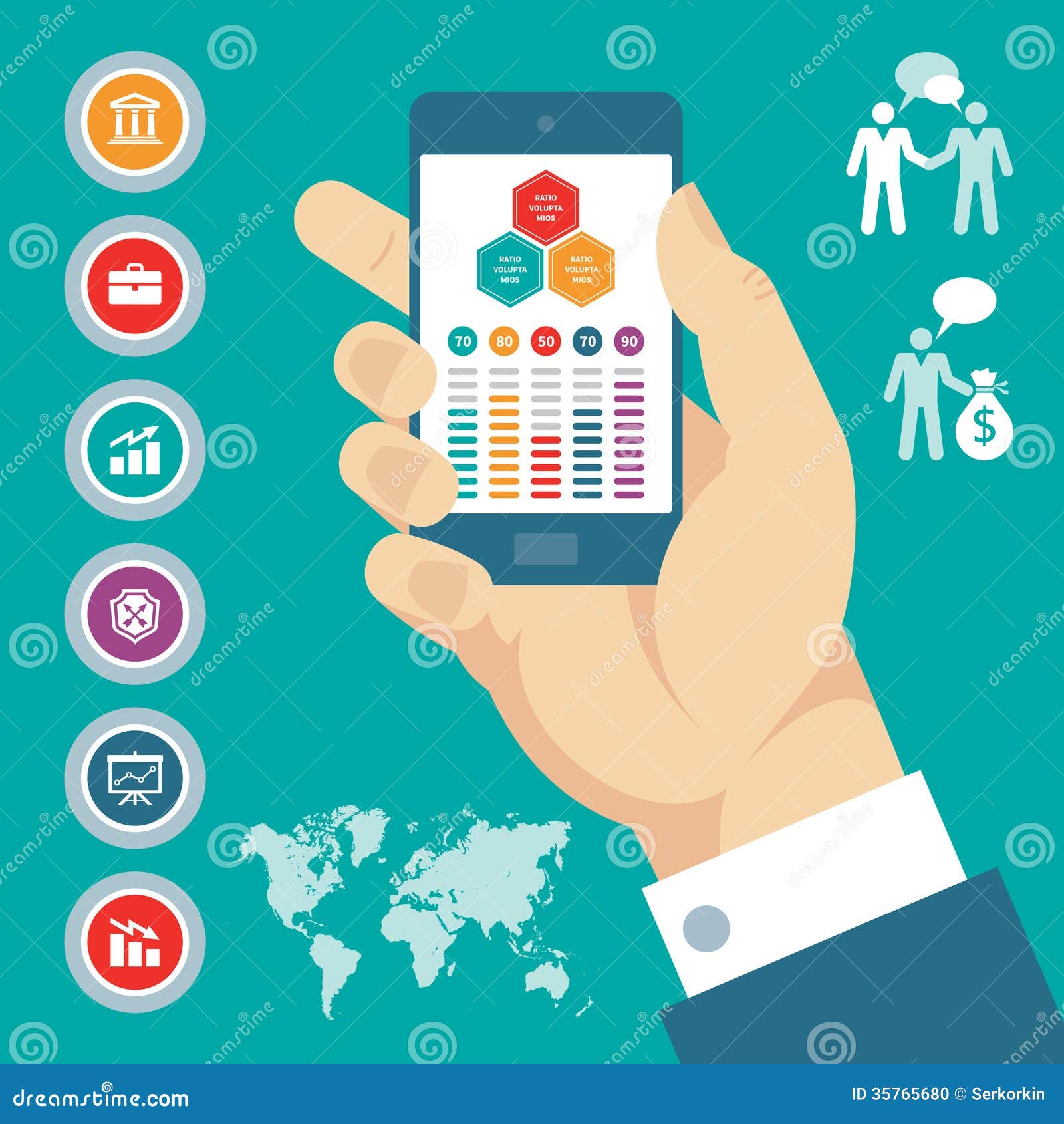 Infographic Concept with Mobile Phone in Hand & Vector Business Icons ...