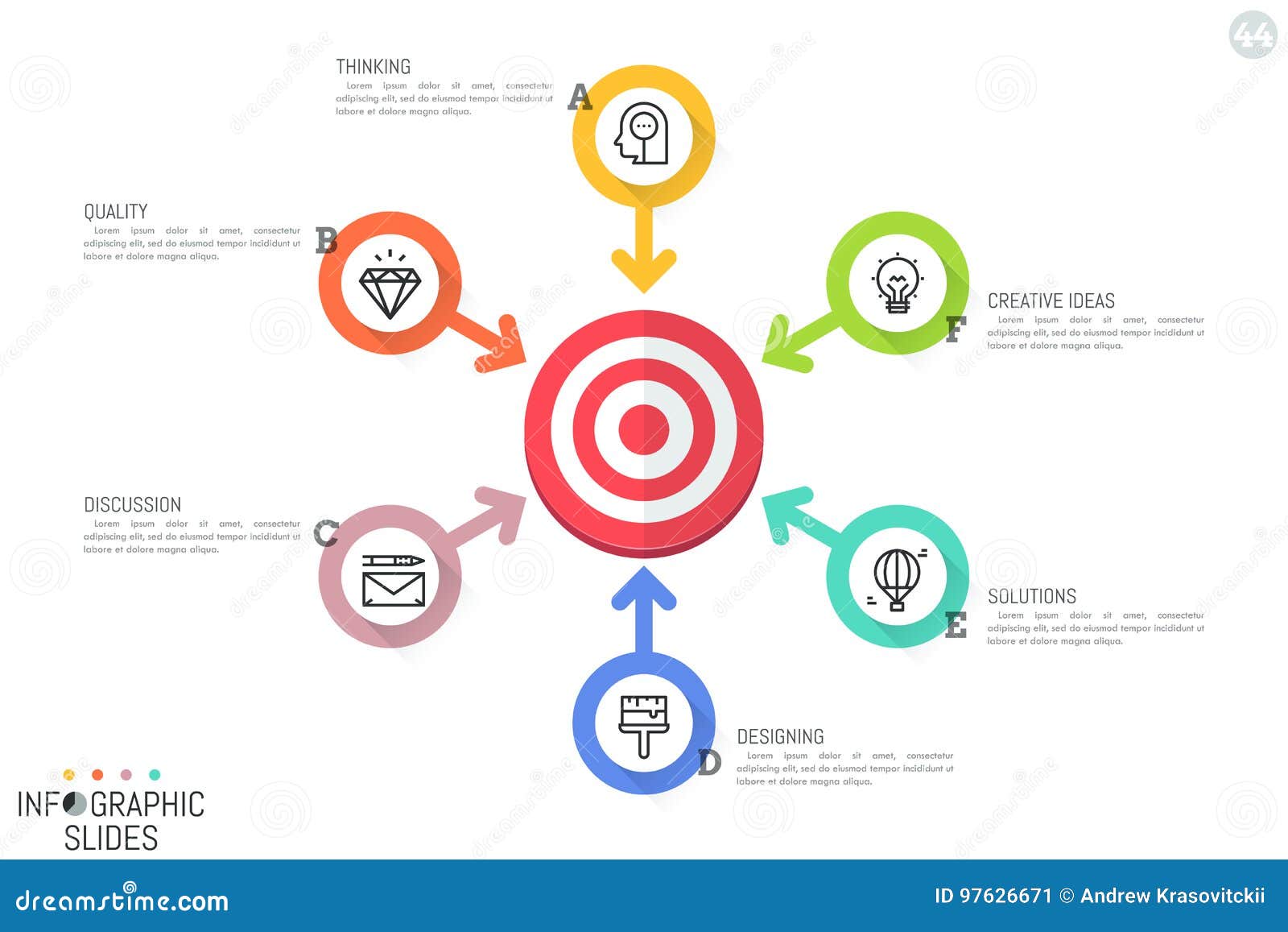 Infographic Design Layout. Round Diagram with Target Central Element, 6 ...