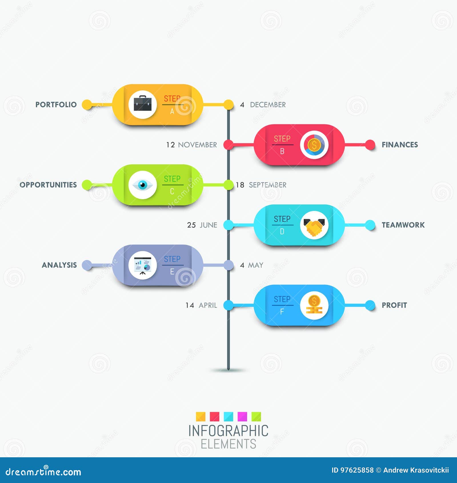 Infographic Design Layout with Vertical Timeline and 6 Colorful Rounded ...