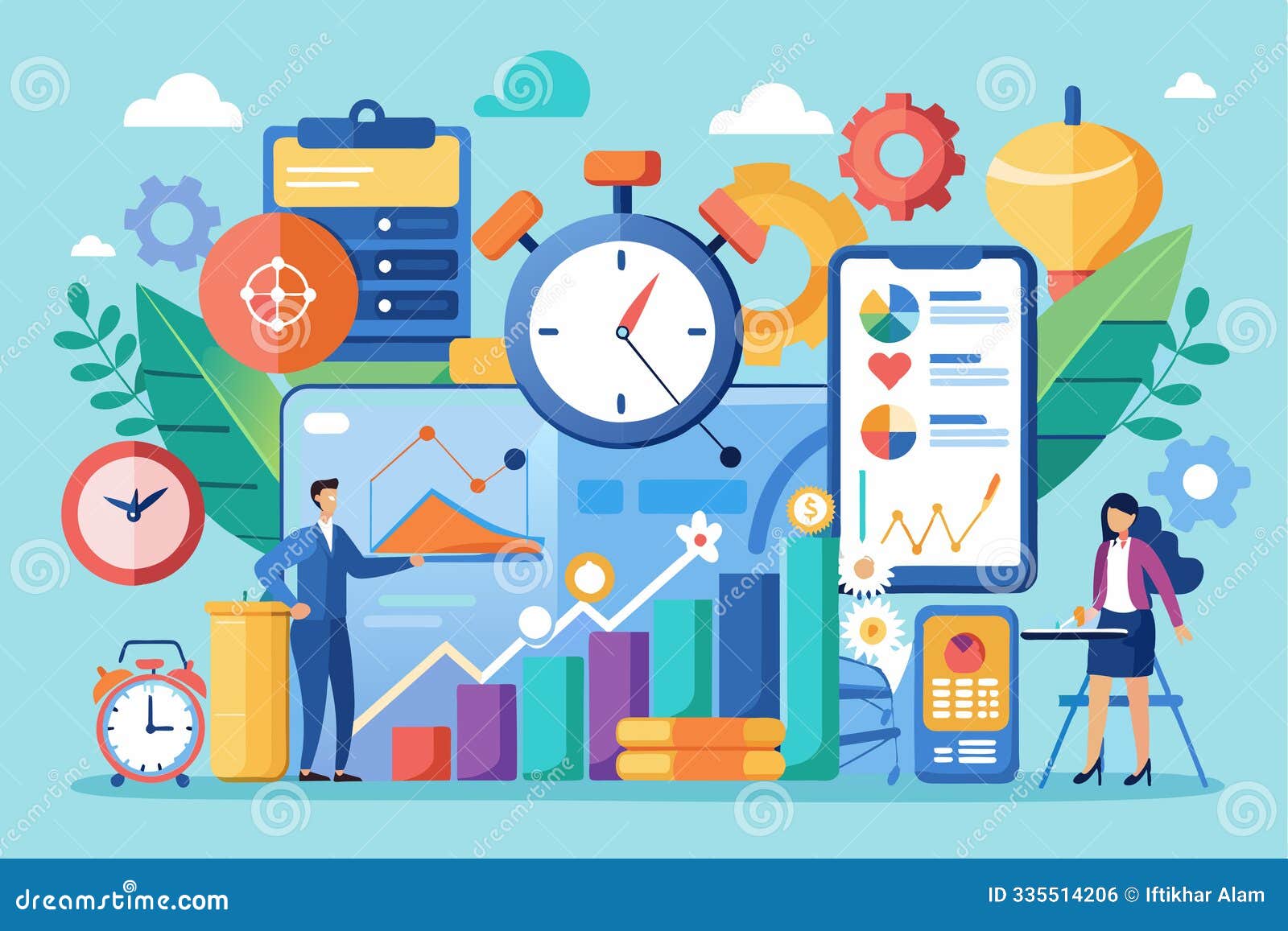 An Infographic Displays Working Time Trends with Graphs, Clocks, and ...