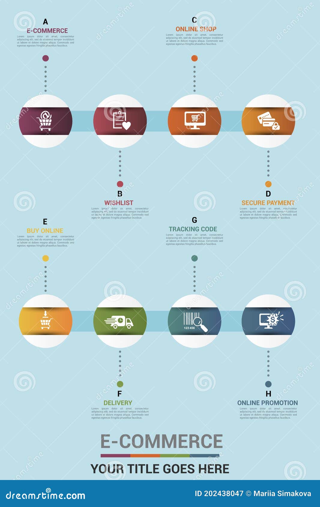 Infographic E-Commerce Template. Icons in Different Colors. Include E ...