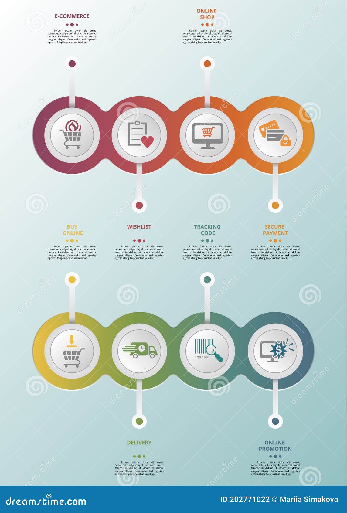 Infographic E-Commerce Template. Icons in Different Colors. Include E ...