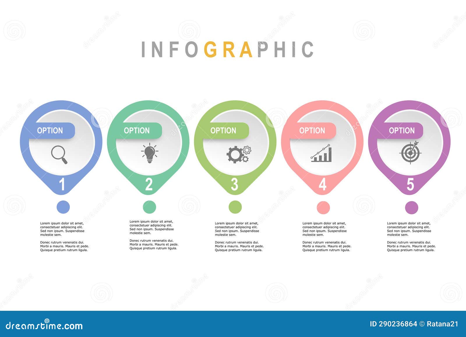 Infographic Element Template, Business Concept with 5 Steps, Multi Color Minimal Rectangle Shape ...
