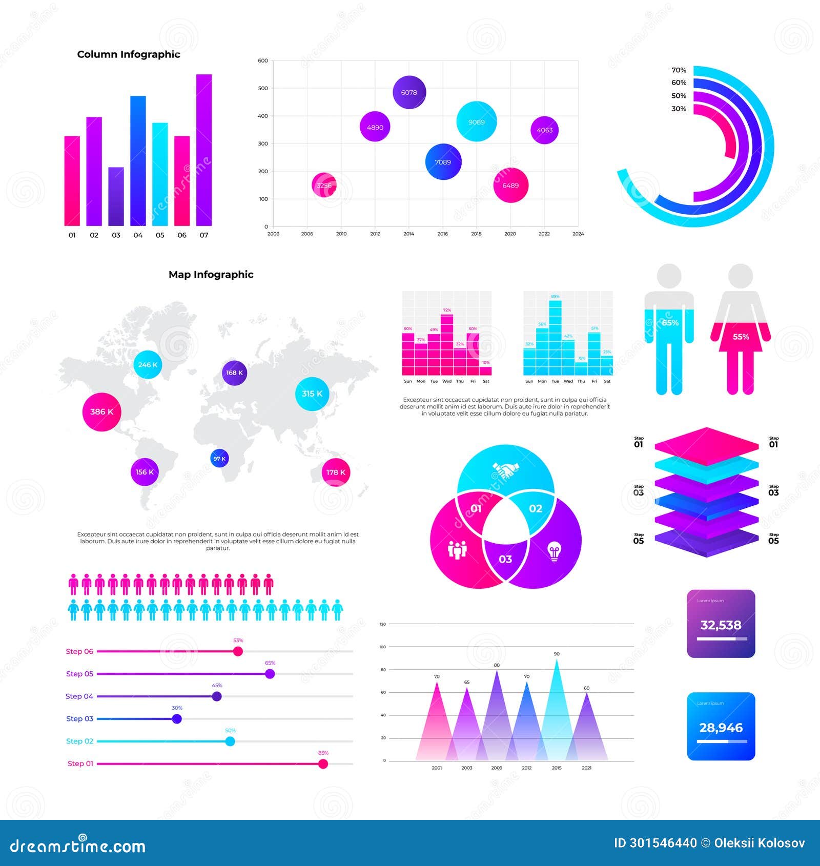 Infographic Elements Collection. Column, Bubble Charts, Cycle Diagrams ...