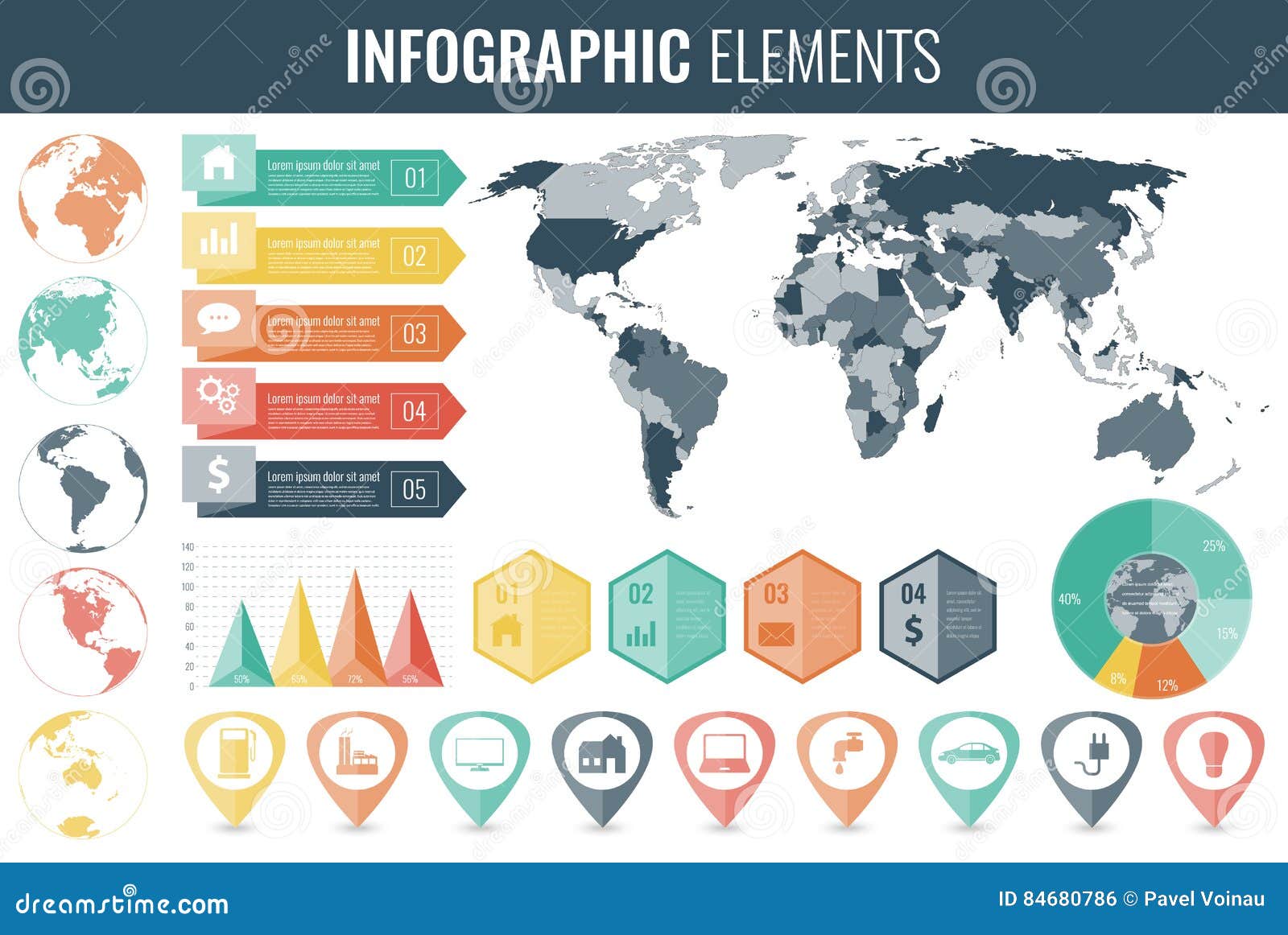 Infographic Elements Set. World Map, Markers, Charts And Other Elements ...