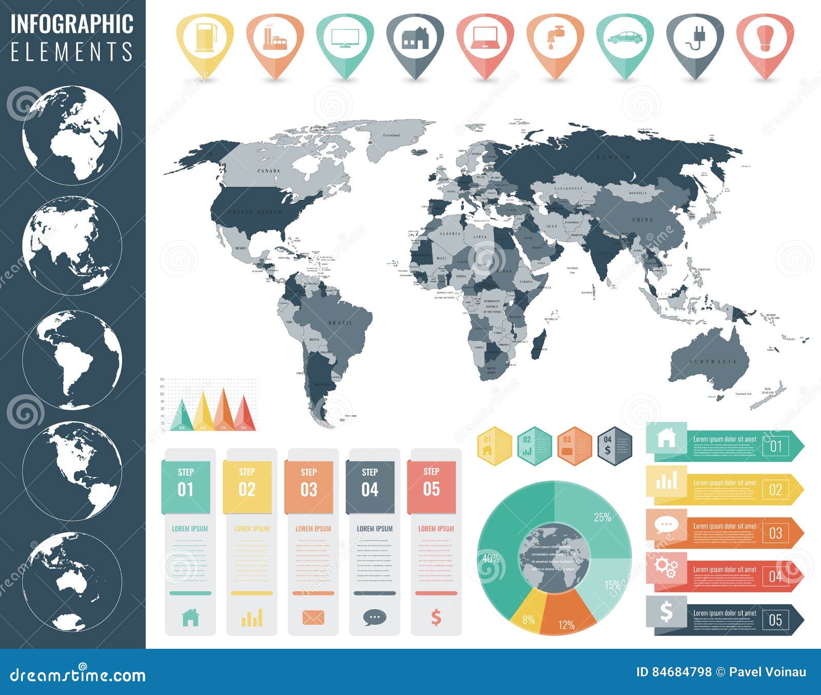 Infographic Elements Set. World Map, Markers, Charts And Other Elements ...
