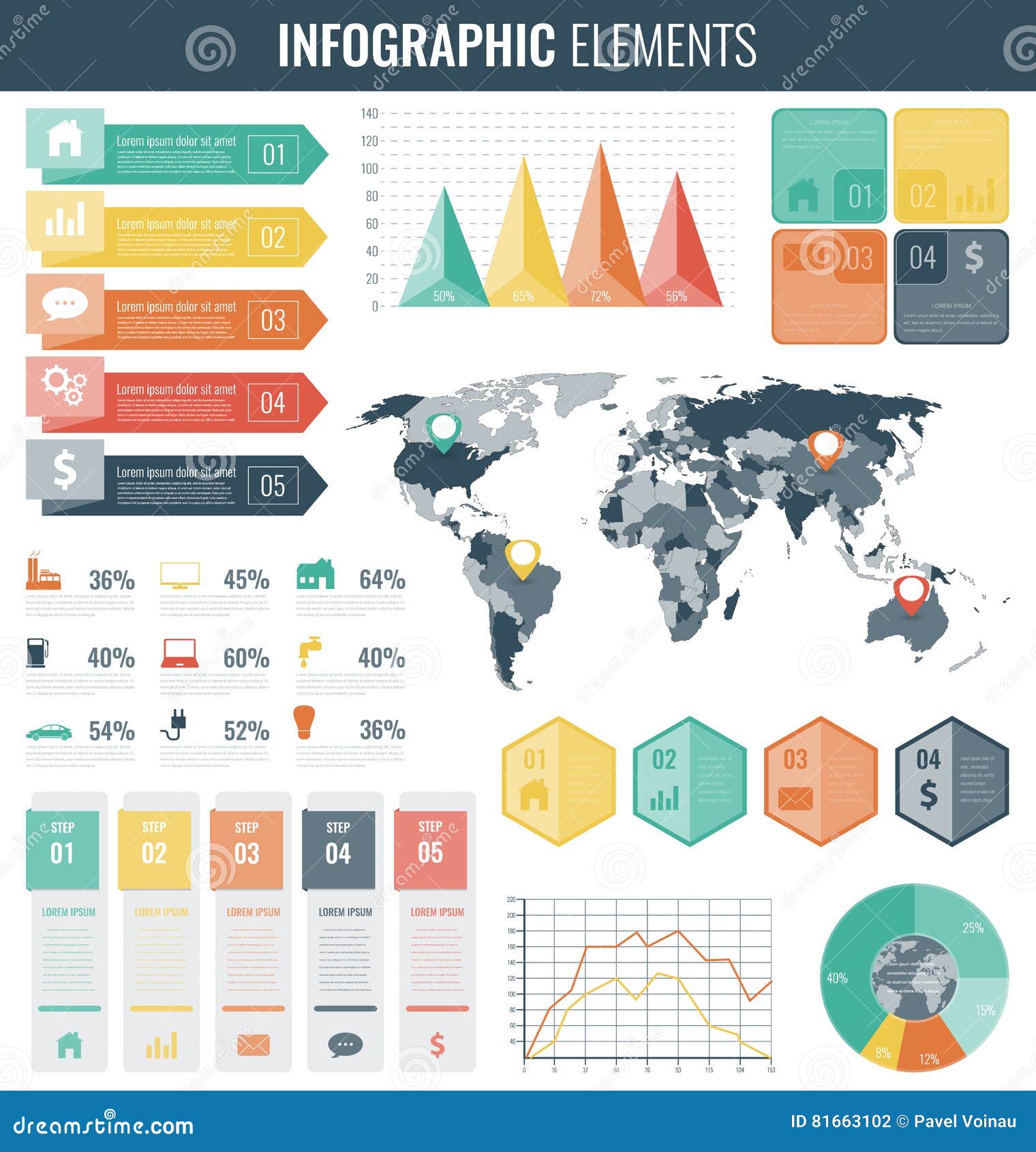 Infographic Elements with World Map and Charts. Vector Stock Vector ...