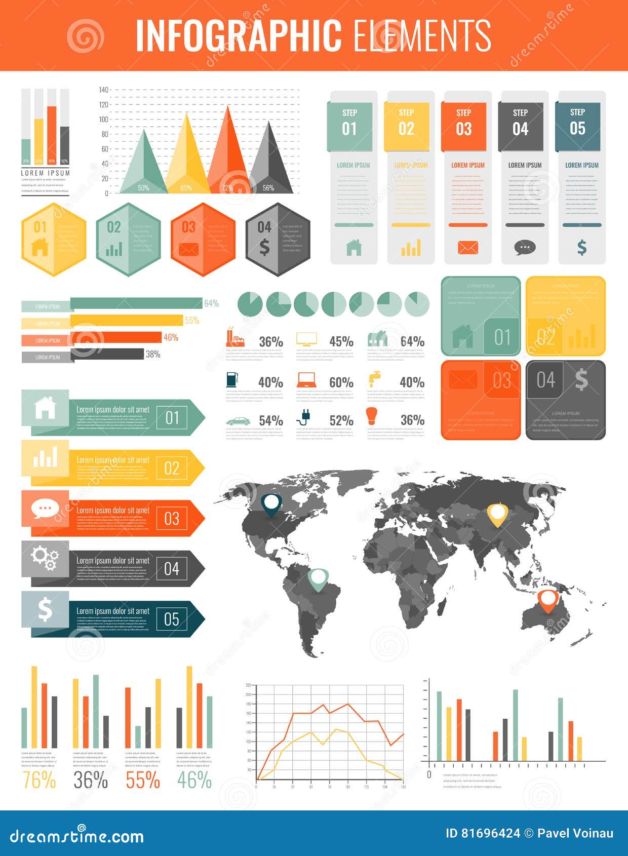 Infographic Elements with World Map and Charts. Vector Stock Vector ...