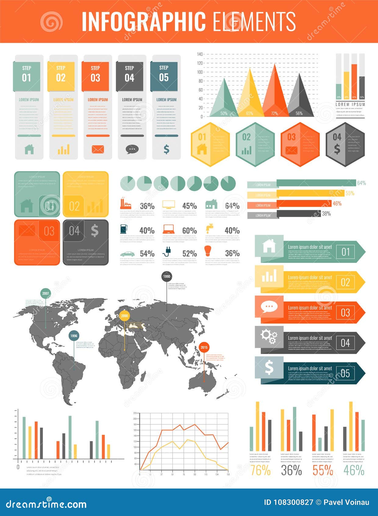 Infographic Elements with World Map and Charts. Vector Stock Vector ...