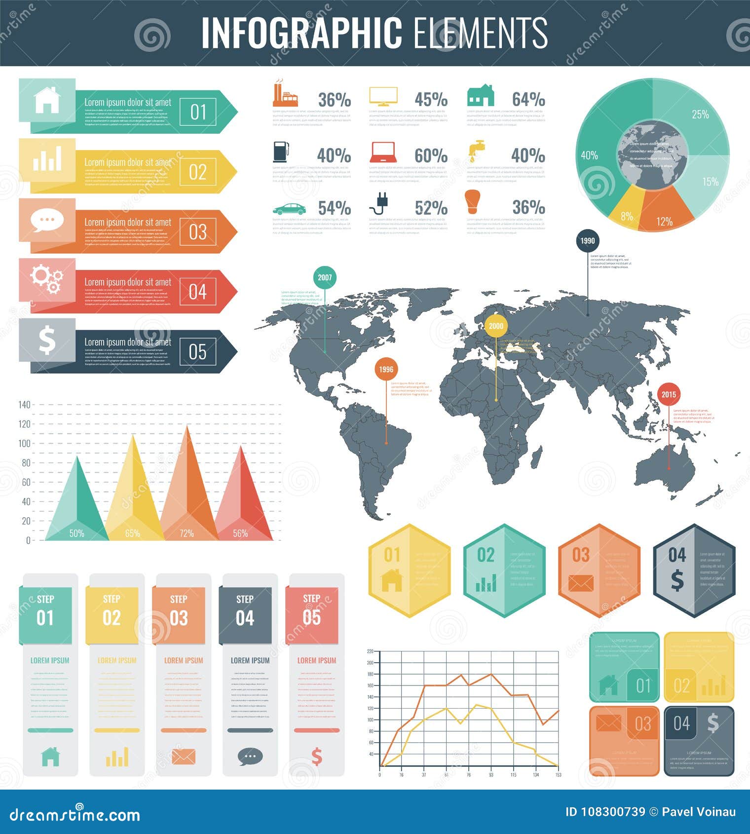 Infographic Elements with World Map and Charts. Vector Stock Vector ...