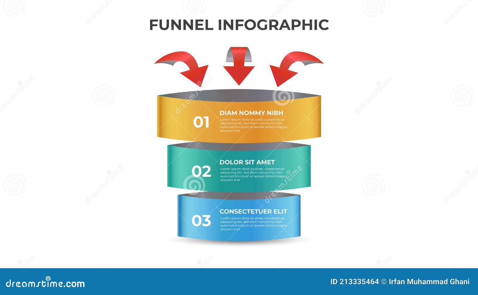 3 Points of Funnel Diagram with Arrows, Stages and Steps Infographic ...