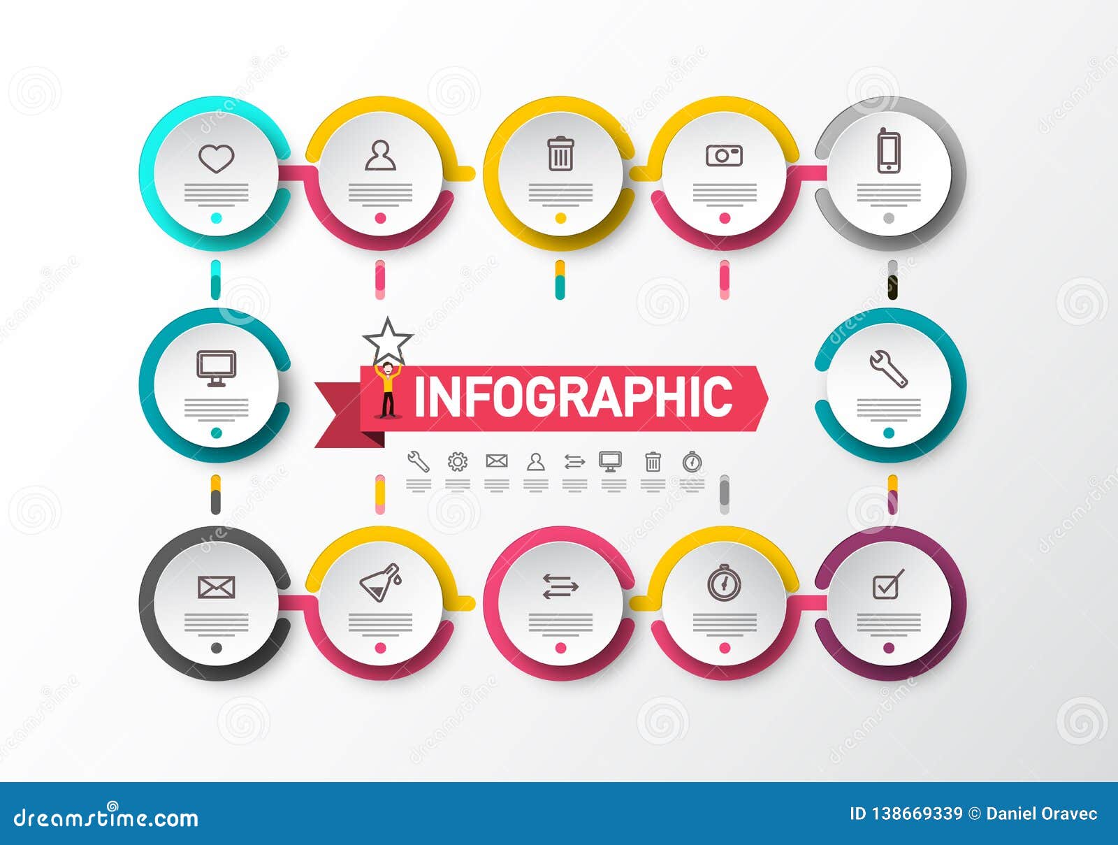 Infographic Layout with Sample Text and Icons on Circle Labels ...