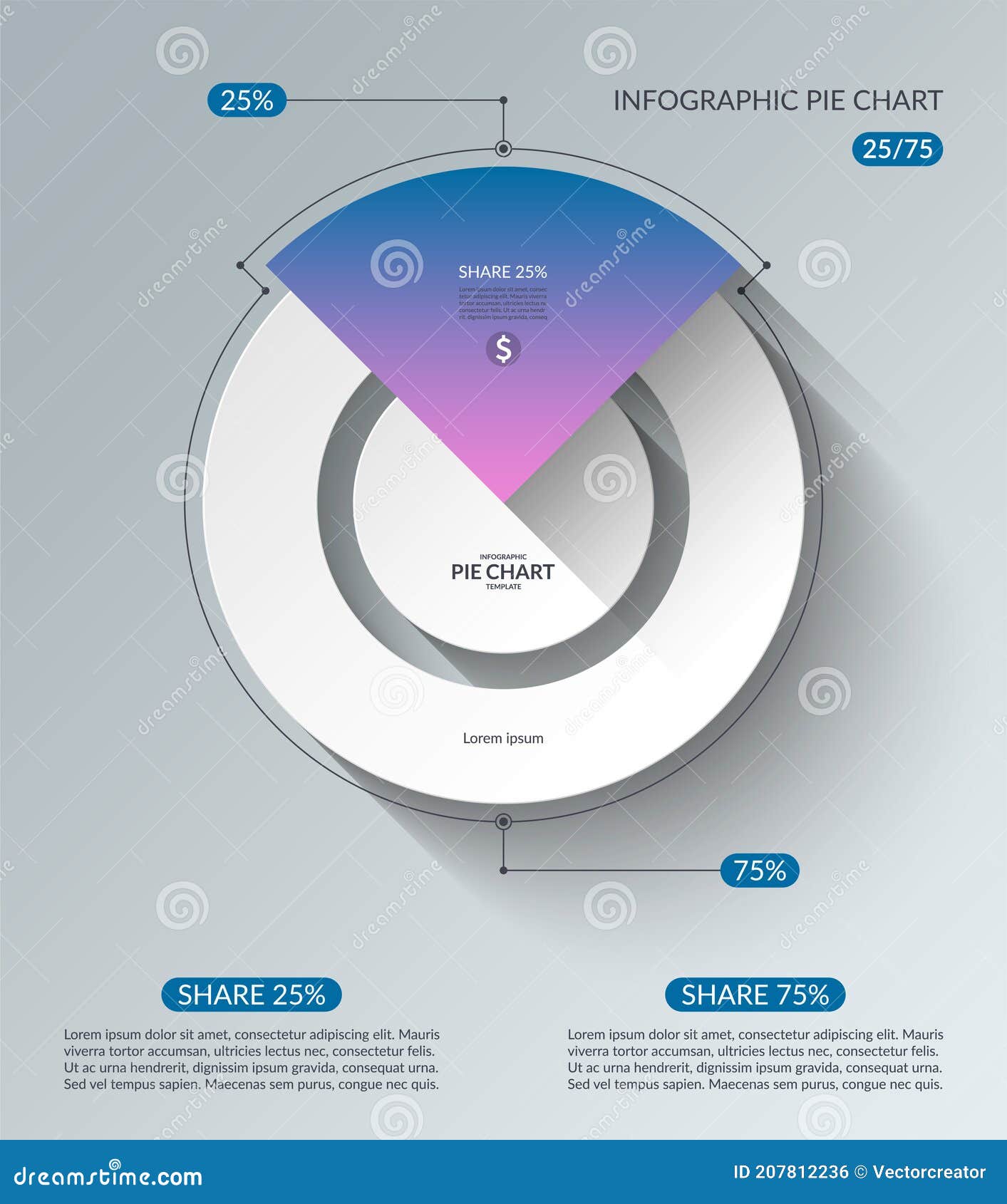 Infographic Pie Chart Template. Share of 25 and 75 Percent Stock ...