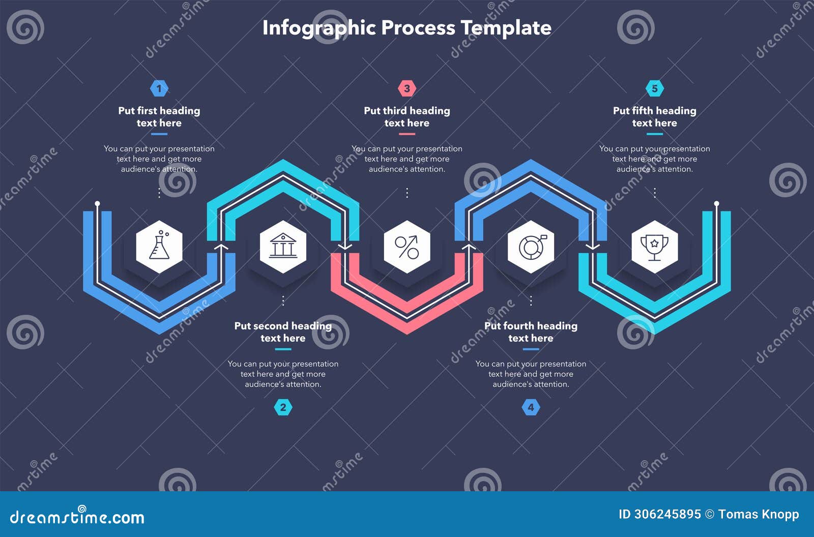 Horizontal Process Infographic Template with Five Stages - Dark Version ...