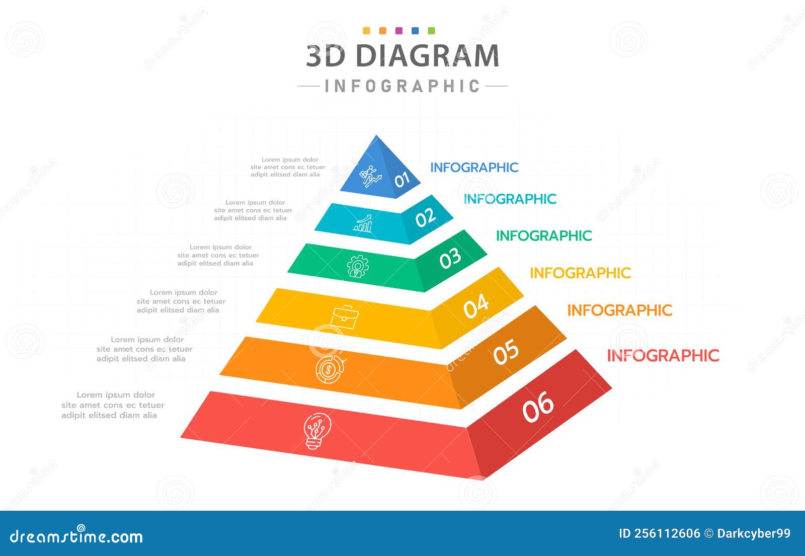 6 Steps Mindmap Pyramid Diagram With Icon Topics. Concept Presentation ...